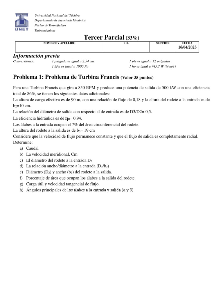 parcial III turbomaquinas Francis kaplan pelton 160423 | PDF | Turbina ...