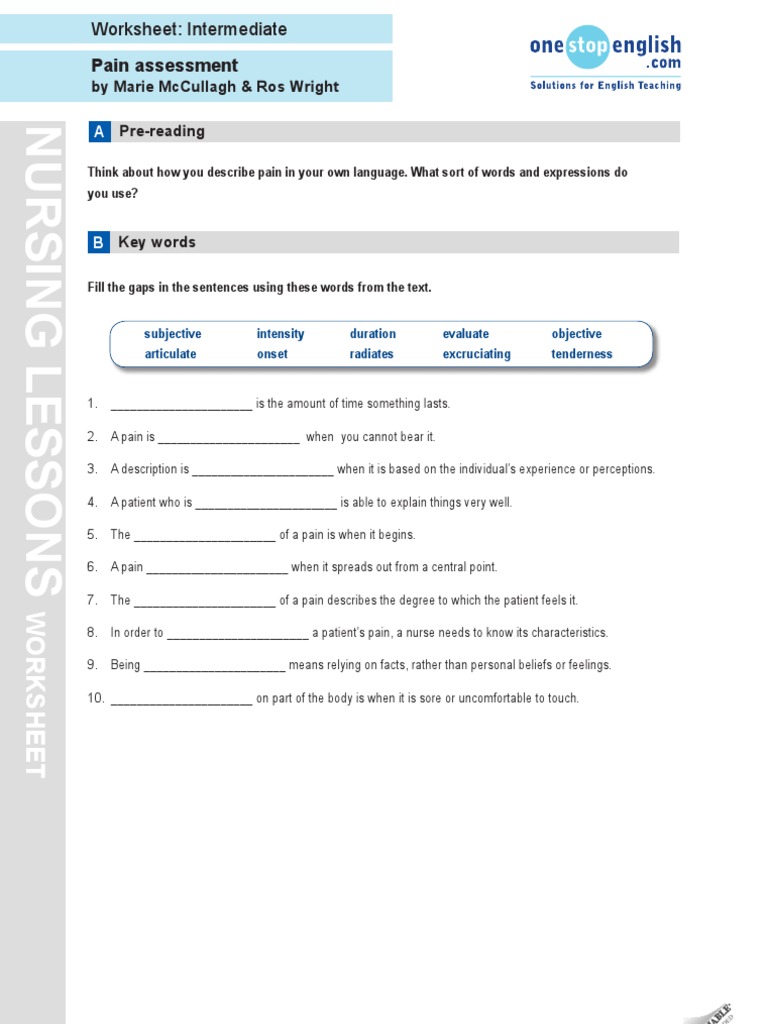 Pain Assessment Worksheet Intermediate | PDF | Pain | Myocardial Infarction