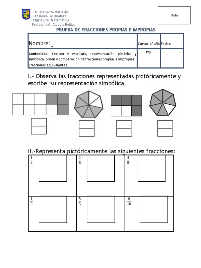 Prueba Fracciones Representación | PDF