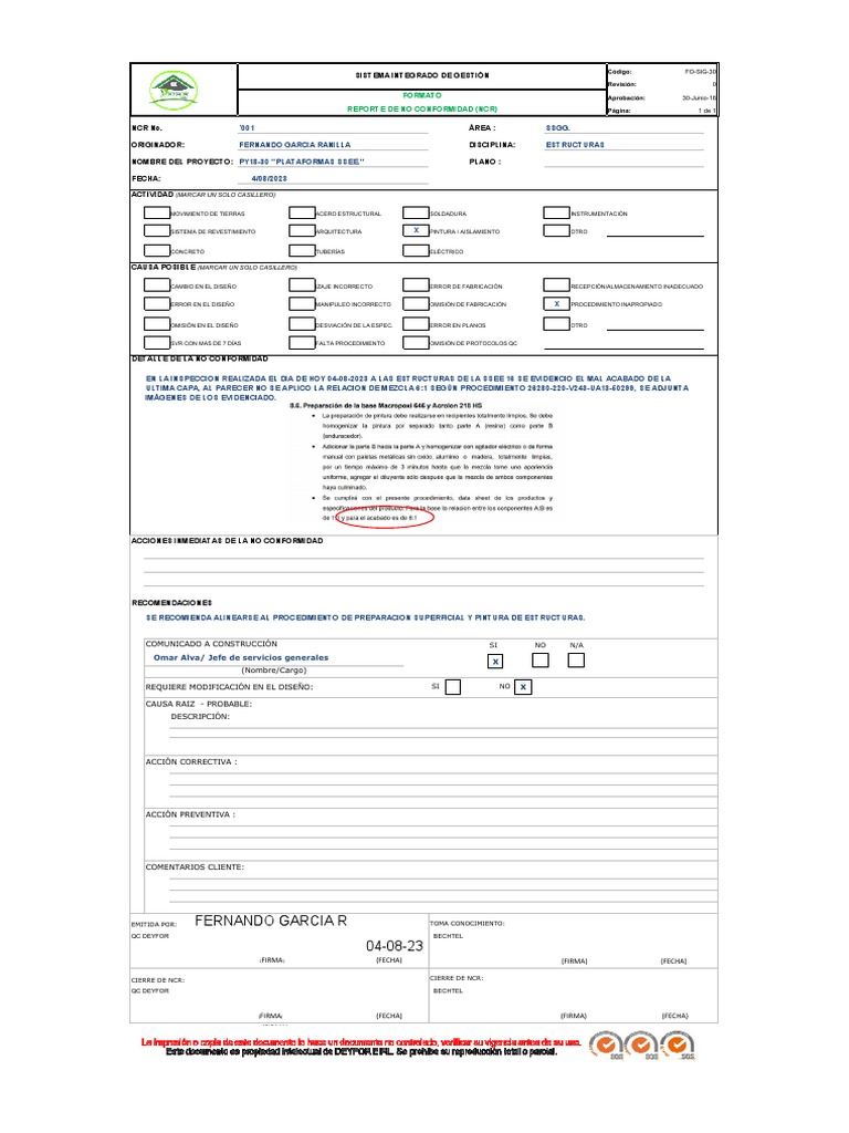 Fo-Sig-30 - Reporte de NCR - 001-Ssgg | PDF