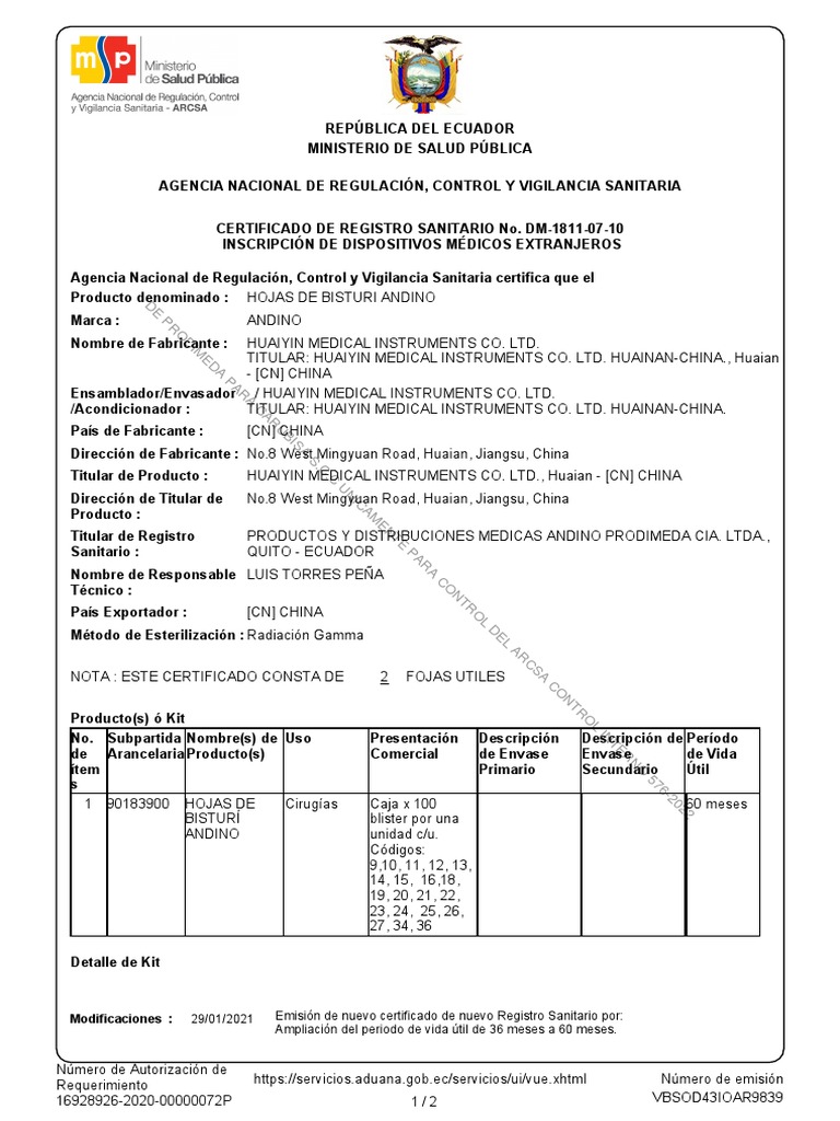 Certificado Sanitario de Dispositivos Médicos | PDF