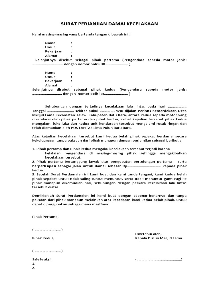 Surat Perjanjian Damai Kecelakaan Lalu Lintas | PDF