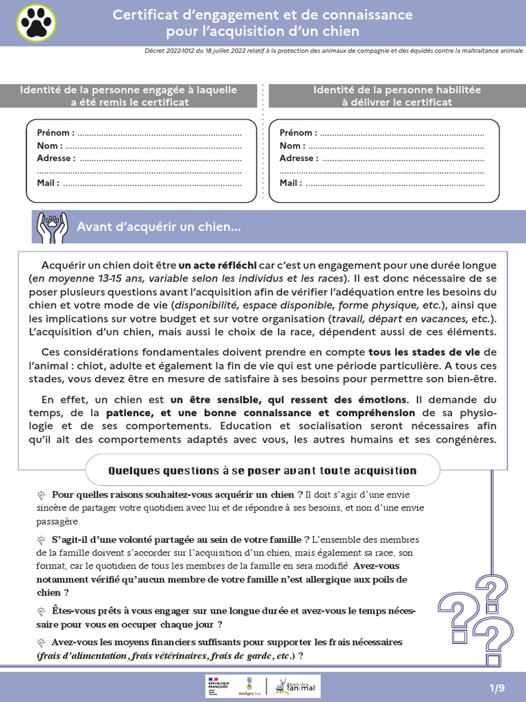 Certificat d'engagement pour chien | PDF | Chiens | Cruauté envers les ...