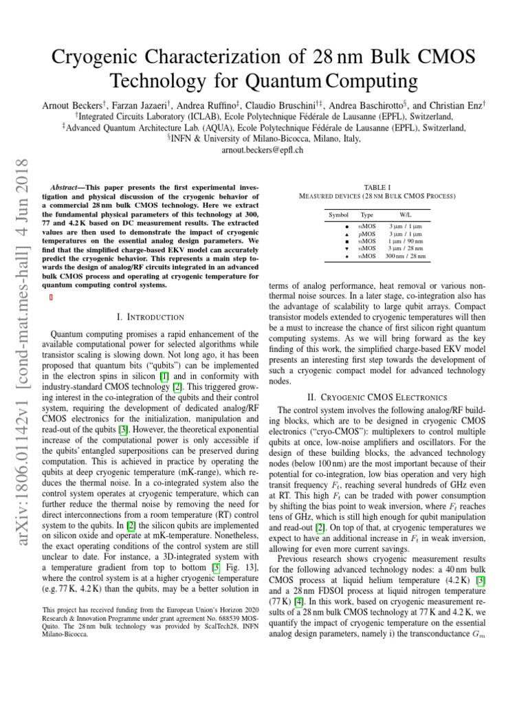 Cryogenic Characterization of 28 NM Bulk CMOS Technology For Quantum Computing | PDF | Cmos ...