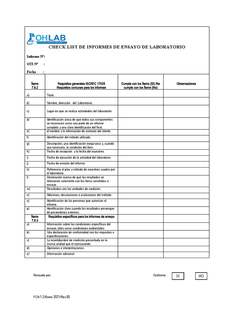 FCA-1.2 R00 - Check List Informe de Ensayo | PDF