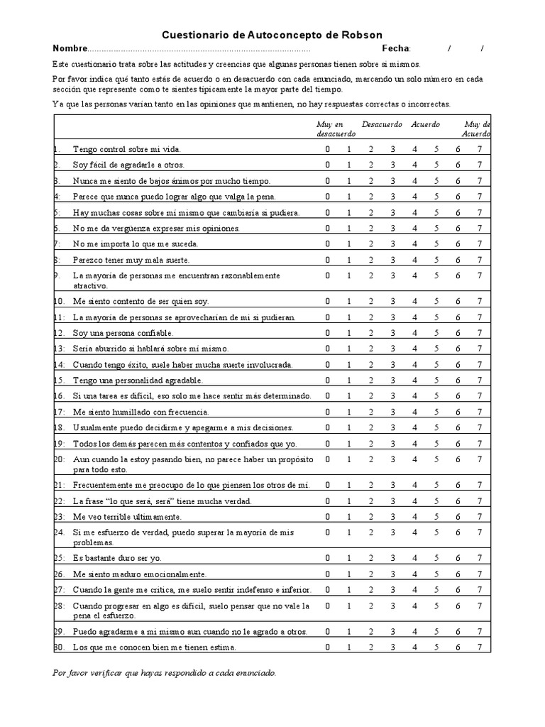 Cuestionario Autoconcepto de Robson Español | PDF | Relaciones personales, crianza y desarrollo ...