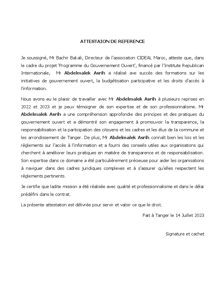 Attestation de Référence pour Asrih | PDF | Finance et gestion ...