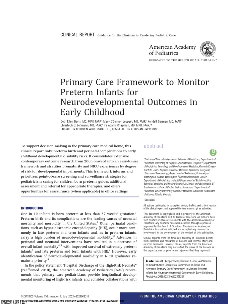 Primary Care Framework To Monitor Preterm Infants For Neurodevelopmental | PDF