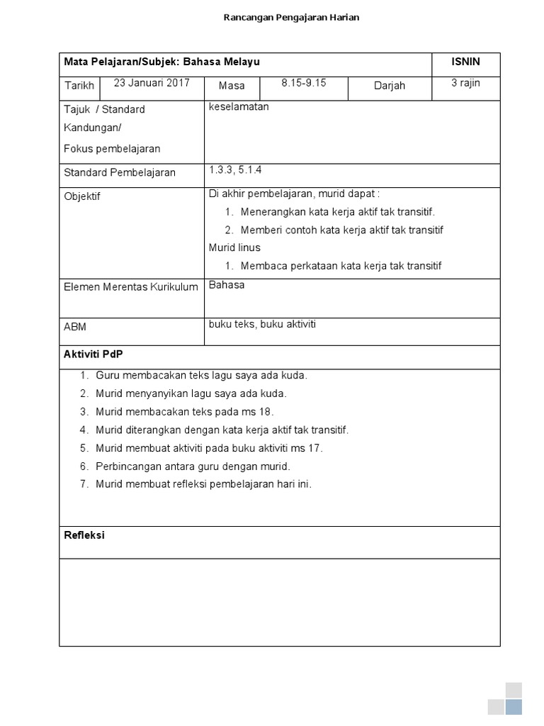 RPH BM Tahun 3 Minggu 4 Ke5elamatan | PDF