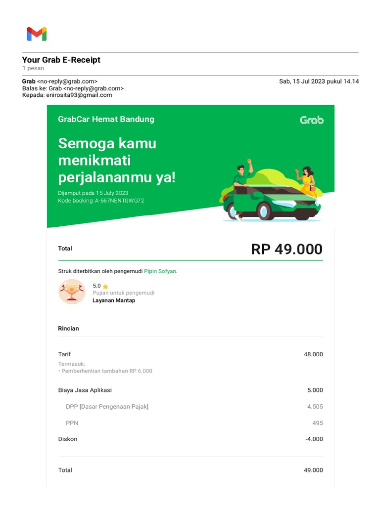 E-Receipt GrabCar Bandung 15 Juli 2023 | PDF