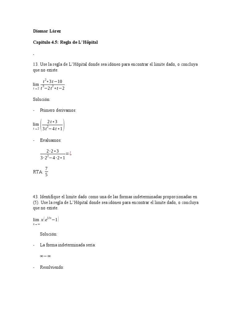 EJERCICIOS 13 Y 43, SECCIÓN 4.5 Regla de L'Hôpital | PDF