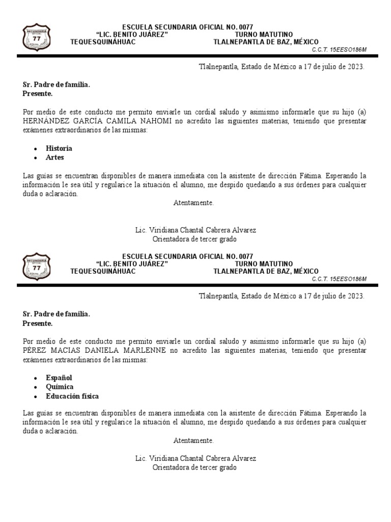 Exámenes Extraordinarios Secundaria 0077 | PDF | México