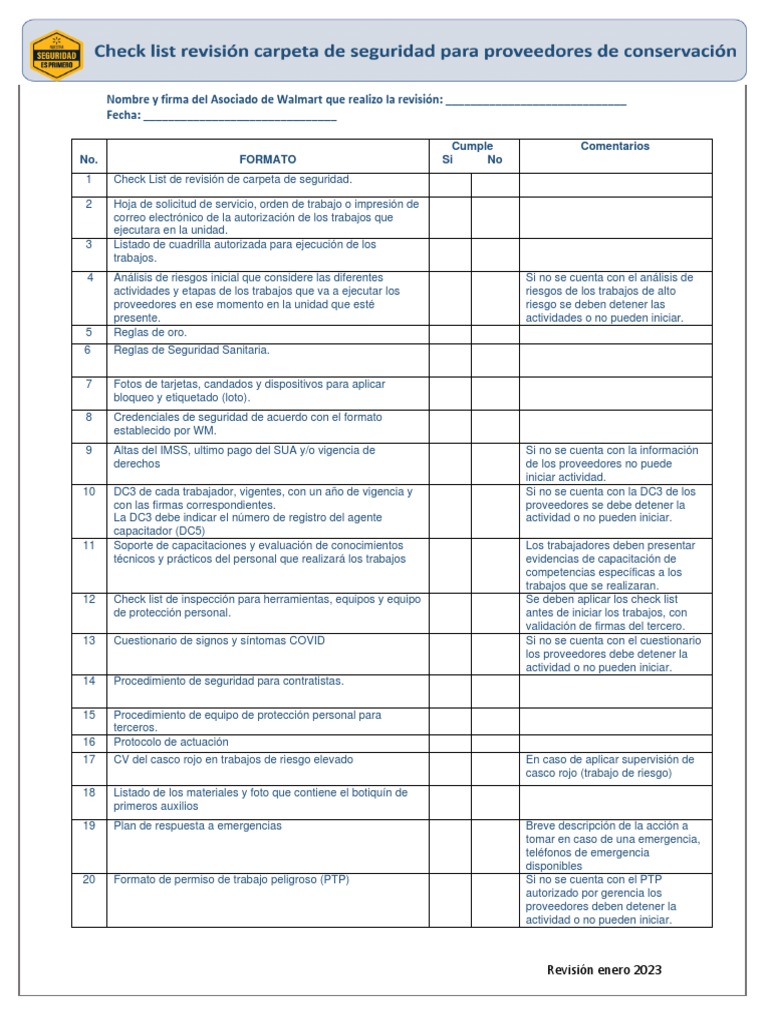Check list revisión de carpeta de seguridad proveedores de conservacion ...
