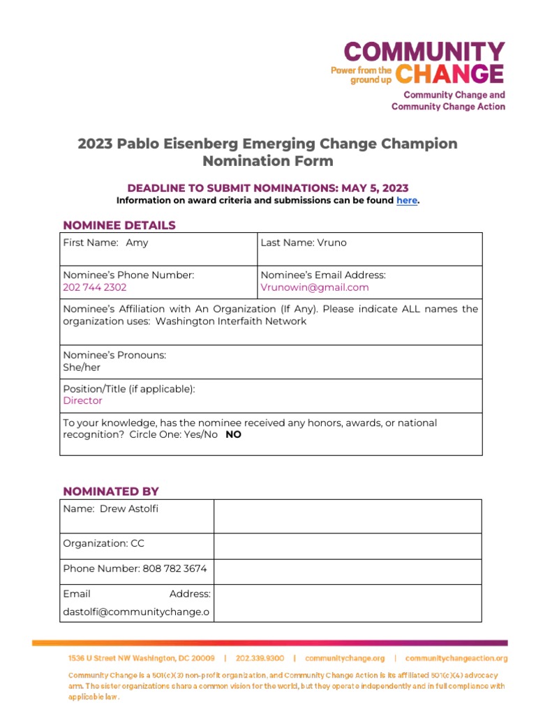 2023 Pablo Eisenberg Emerging Change Champion Award Nomination Form | PDF