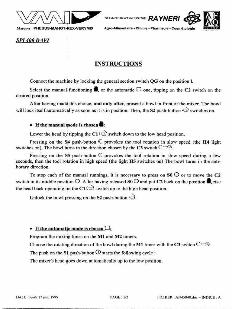 Vmi Berto Italia Spiral Mixer Spi 400 1999 Manual | PDF