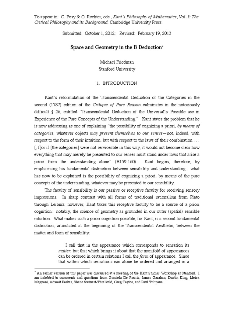 Space and Geometry in The B Deduction | PDF | Immanuel Kant | A Priori ...