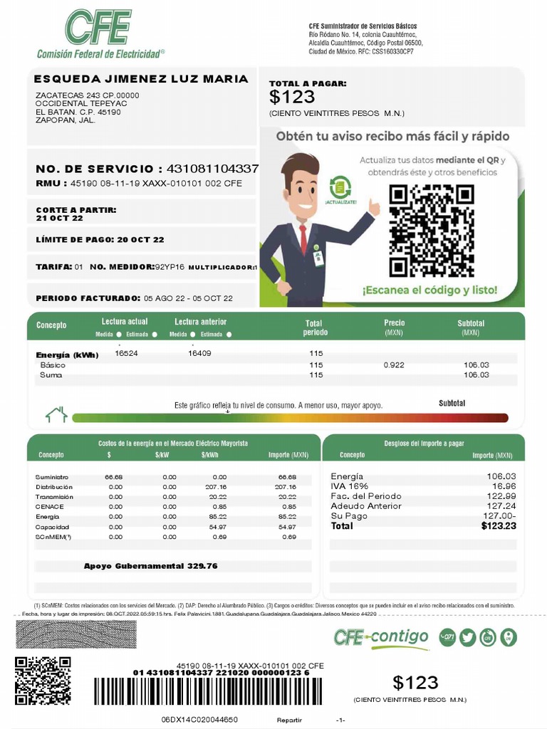 Esqueda Jimenez Luz Maria: Rmu: 45190 08-11-19 XAXX-010101 002 CFE | PDF