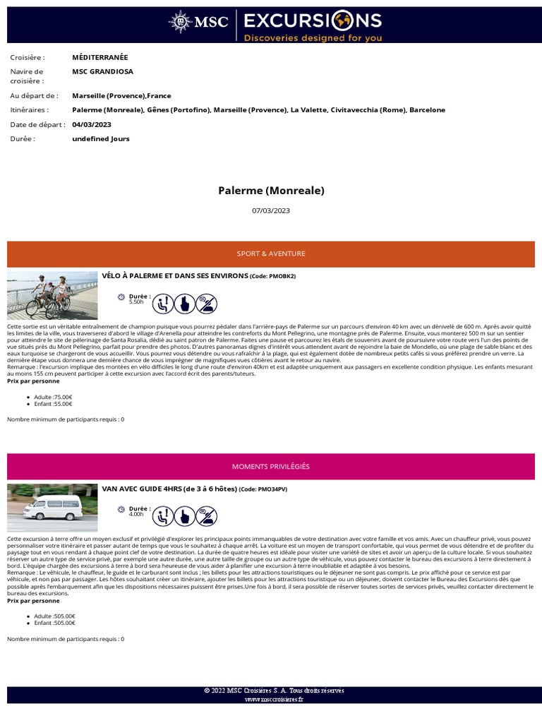 MSC - Excursions | PDF | Palerme | Gênes