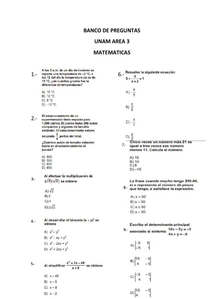 Banco de Preguntas Unam Area 3 Matematicas | PDF