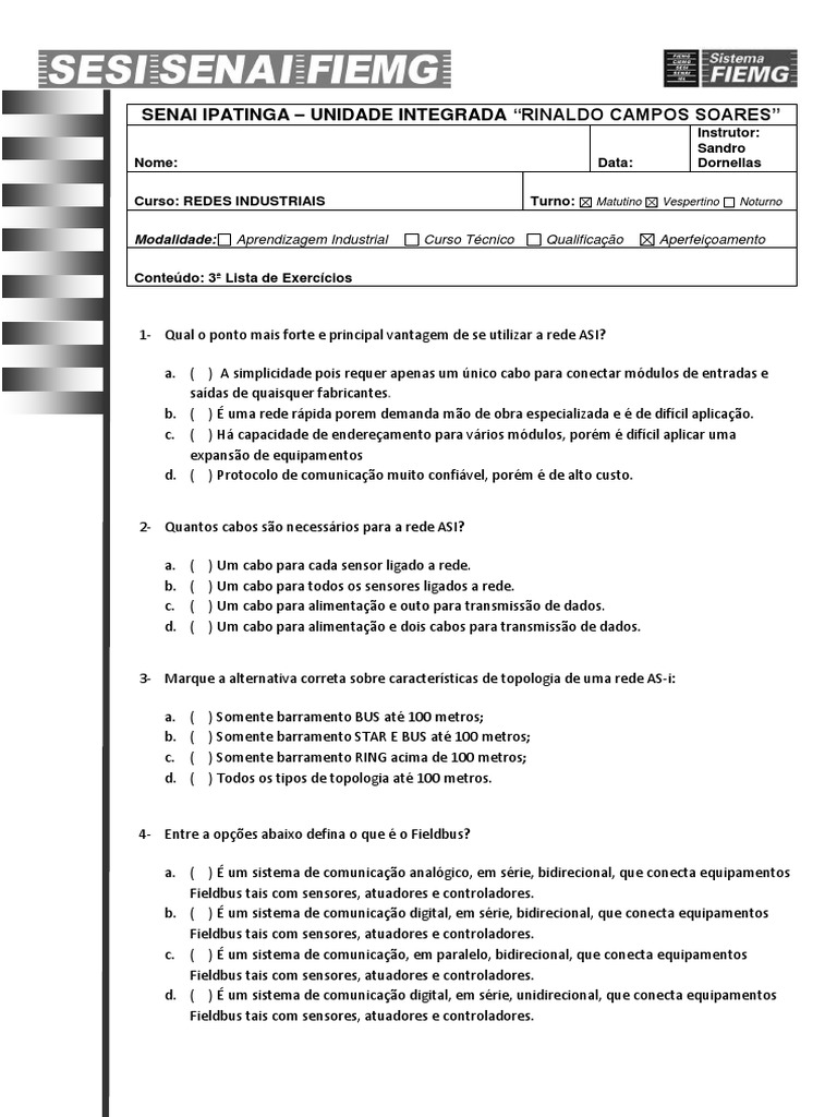 Redes Industriais - 3a Lista de Exercícios | PDF