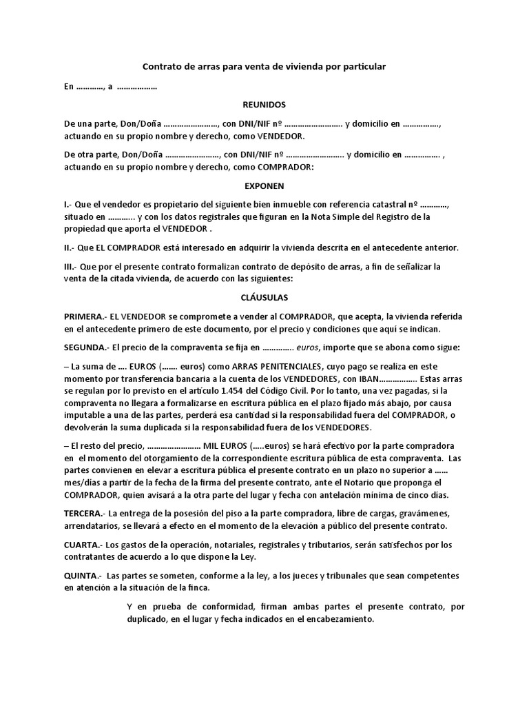Contrato De Arras Para Venta De Vivienda Por Particular Pdf Derecho