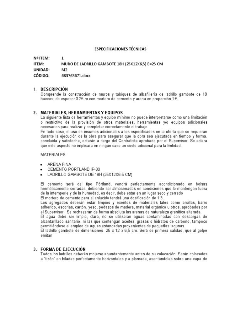 Especificacios Tecnicas de Ladrillo Gambote | PDF | Hormigón | Ladrillo