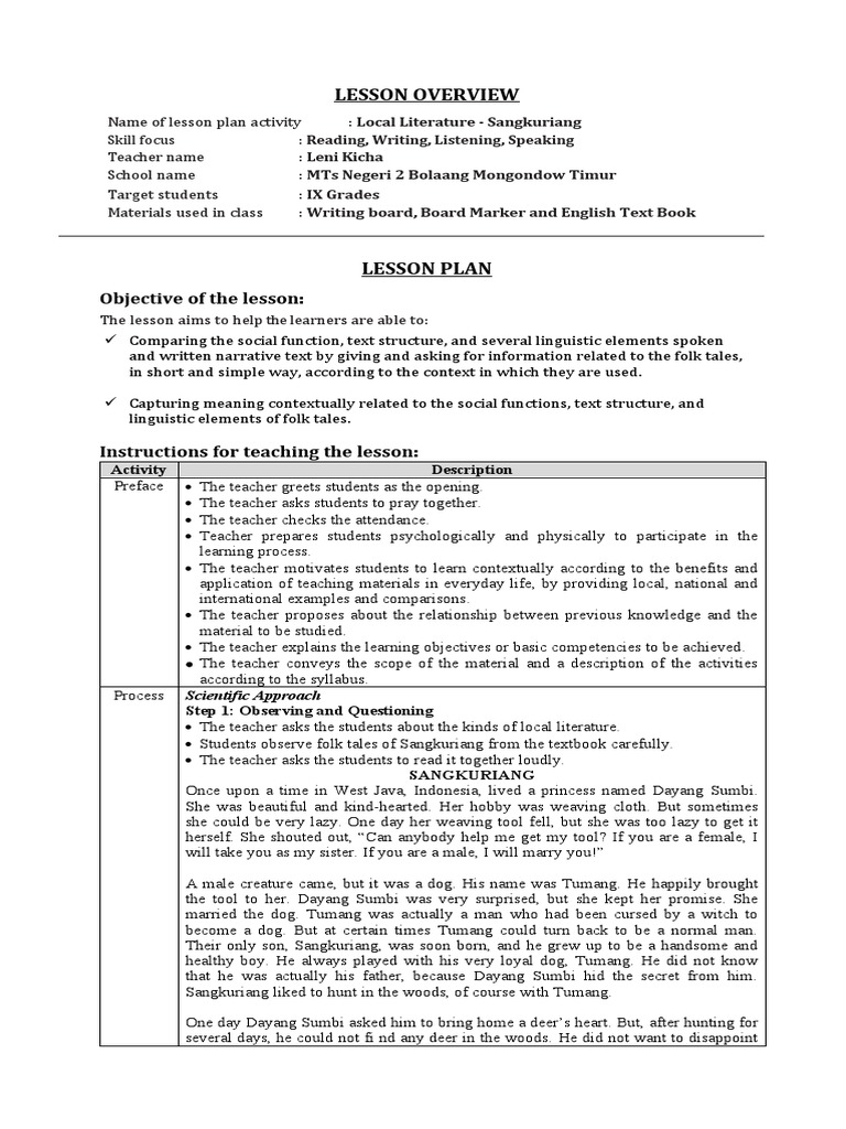 Lesson Plan - Sankuriang - Leni Kicha | PDF | Teachers | Lesson Plan