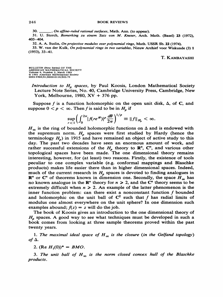 Introduction To H Spaces, by Paul Koosis, London Mathematical Society | PDF