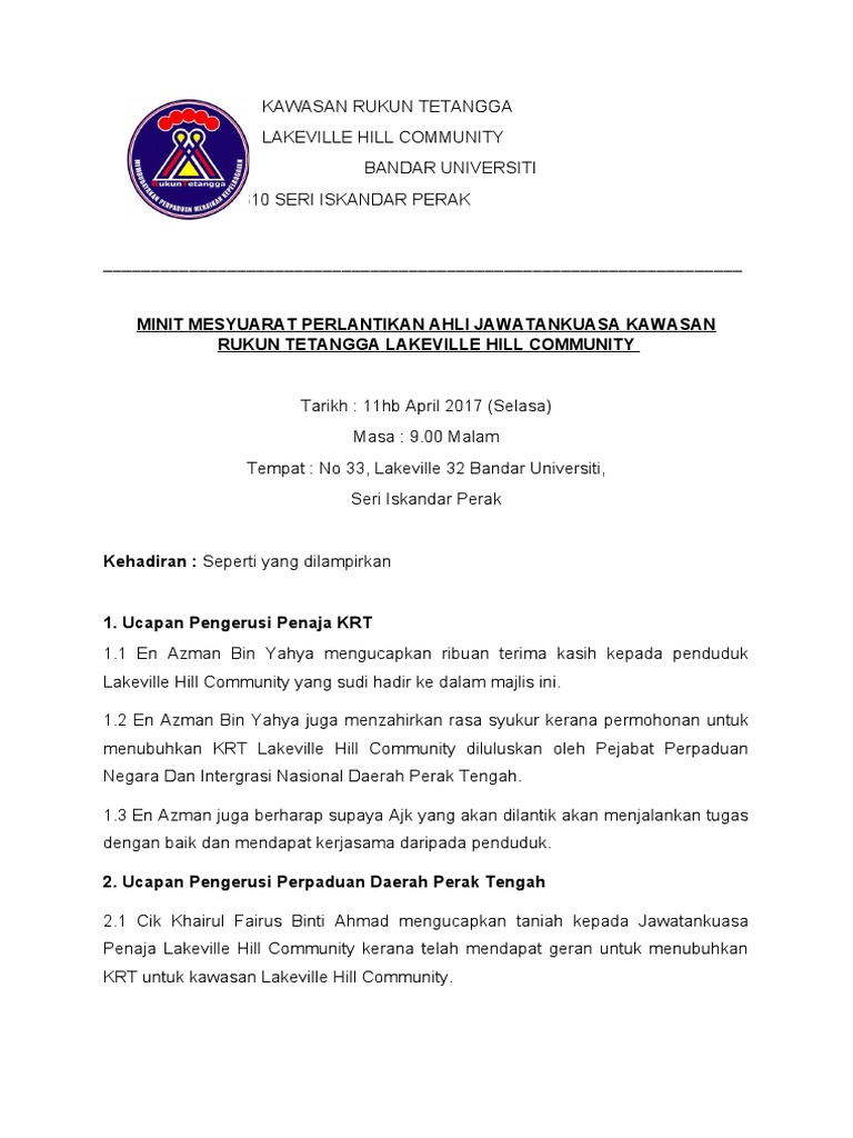 Minit Mesyuarat Kali Pertama KRT Lakevill Hill | PDF