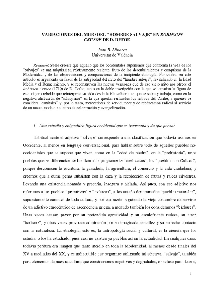 Joan B. Llinares: Variaciones Del Mito Del "Hombre Salvaje" en Robinson | PDF | Antropología ...