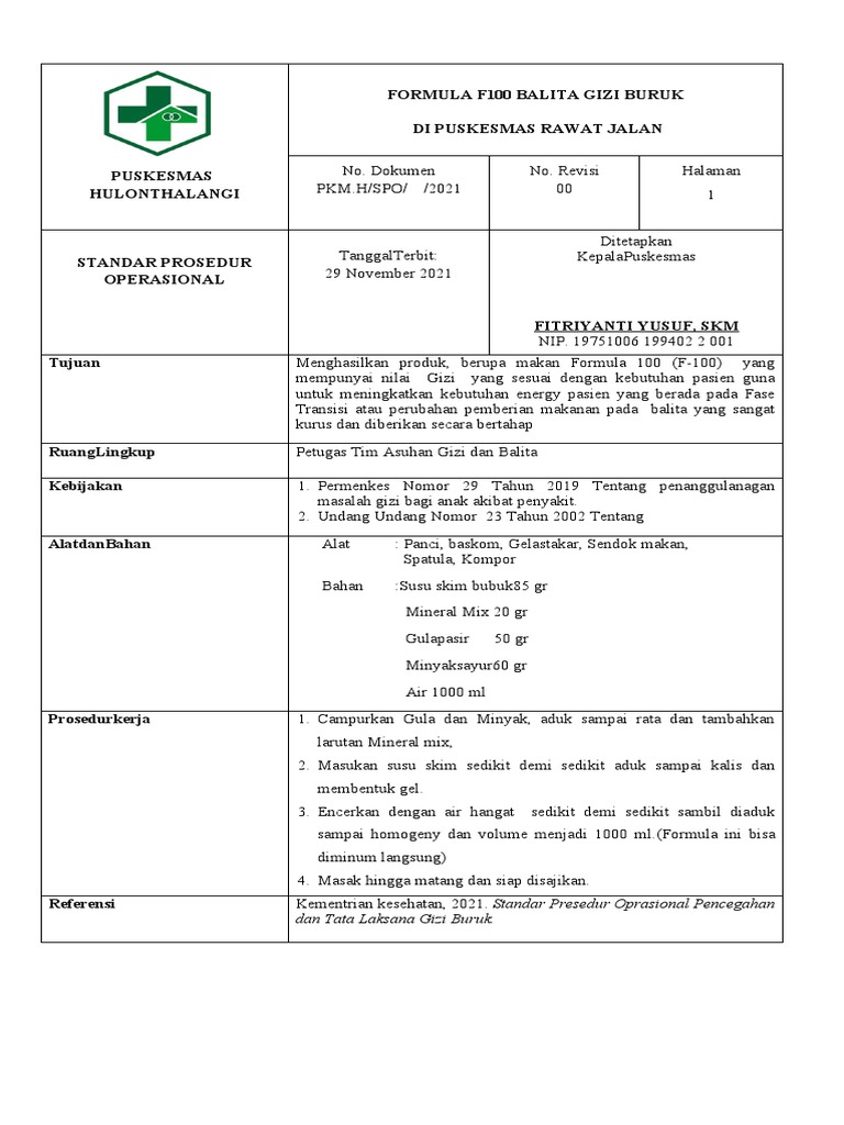 Sop Formula f100 Puskesmas | PDF
