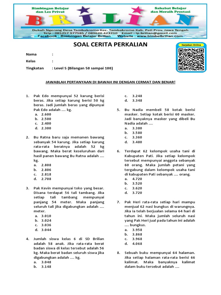 Soal Cerita Perkalian Level 5 Kelas 4 SD Bilangan 50 Sampai 100 | PDF