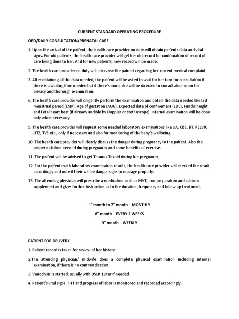 Prenatal and Delivery SOP Guide | PDF | Childbirth | Obstetrics