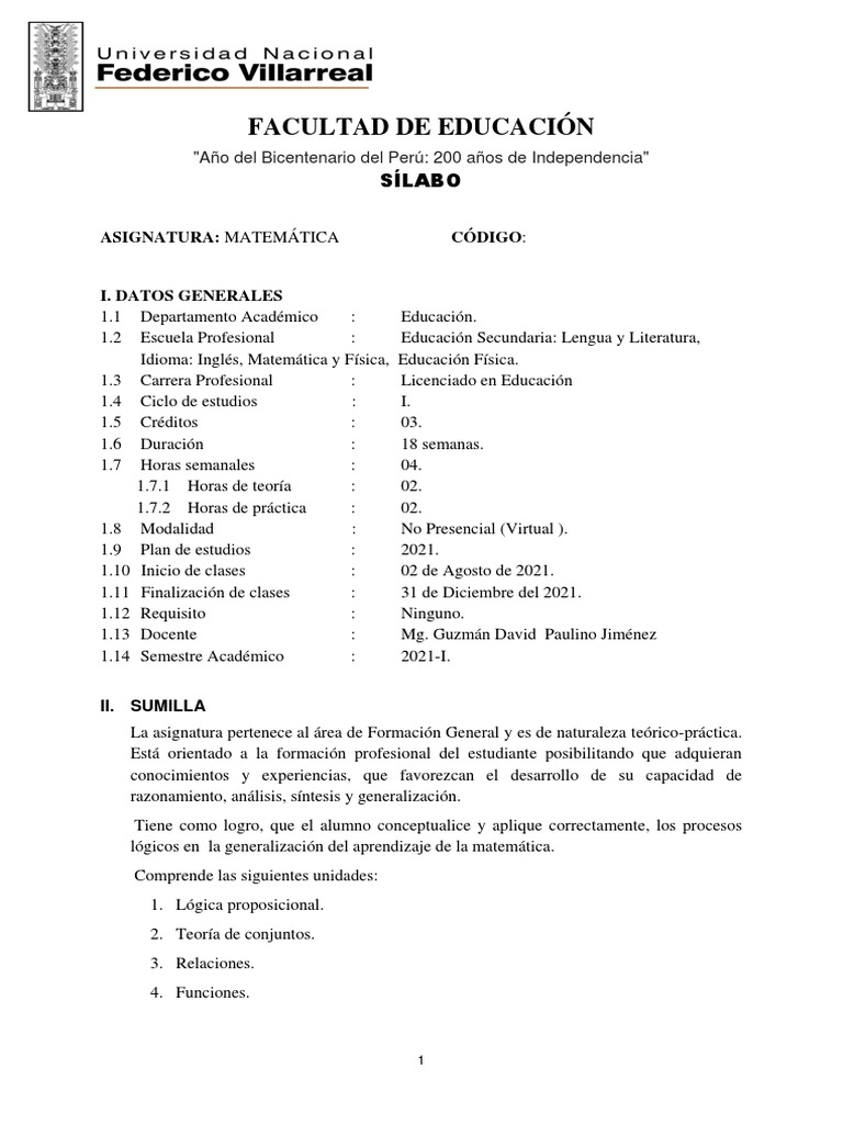 Silabo Matematica 2021-I | PDF