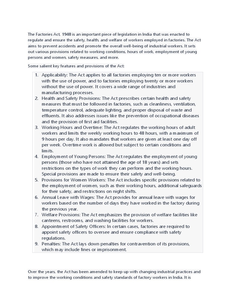 Factories Act 1948 | PDF | Occupational Safety And Health | Working Time