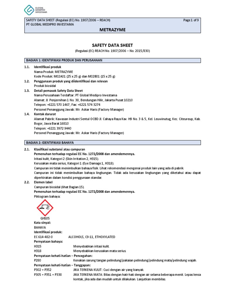 Msds - Metrazyme - PT Global Medipro Investama | PDF