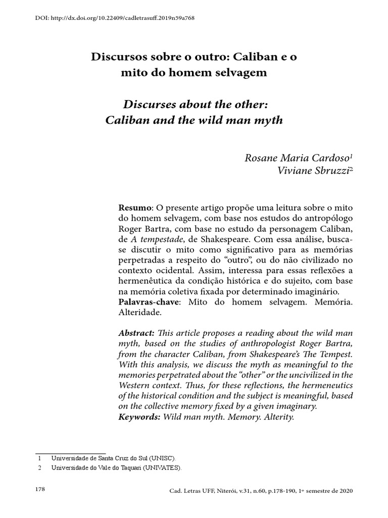 Caliban e o Mito Do Homem Selvagem Discurses About The Other | PDF | Narrativa | Mitologia grega