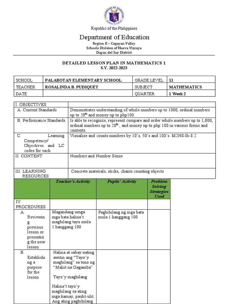 PES Math G1 Q1 W2 | PDF
