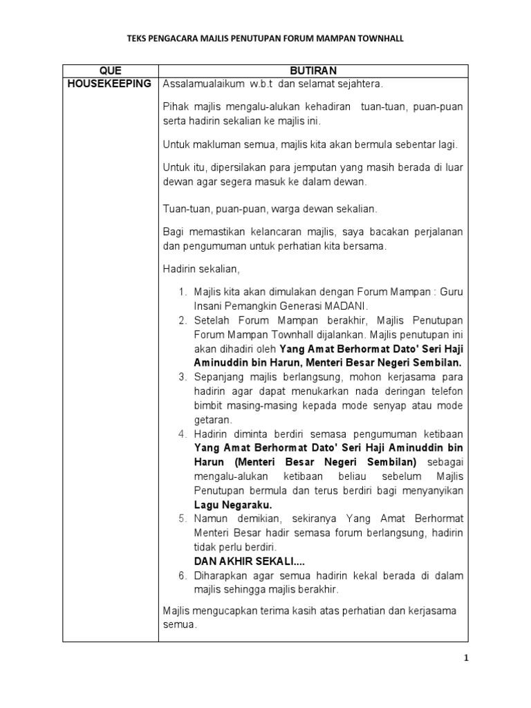 Pengacara Majlis Forum Mampan Dan Penutup | PDF