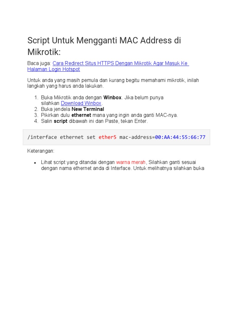 Script Untuk Mengganti MAC Address Di Mikrotik | PDF