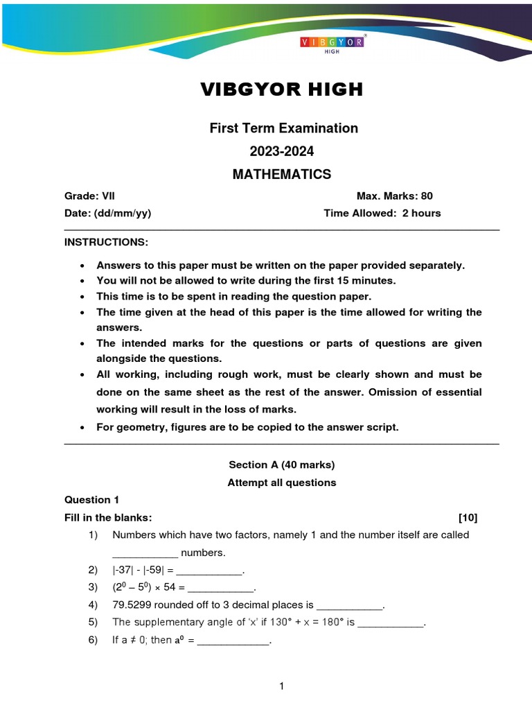 VH GR-7 Mathematics T1 Sample-QP | PDF | Triangle | Euclidean Geometry