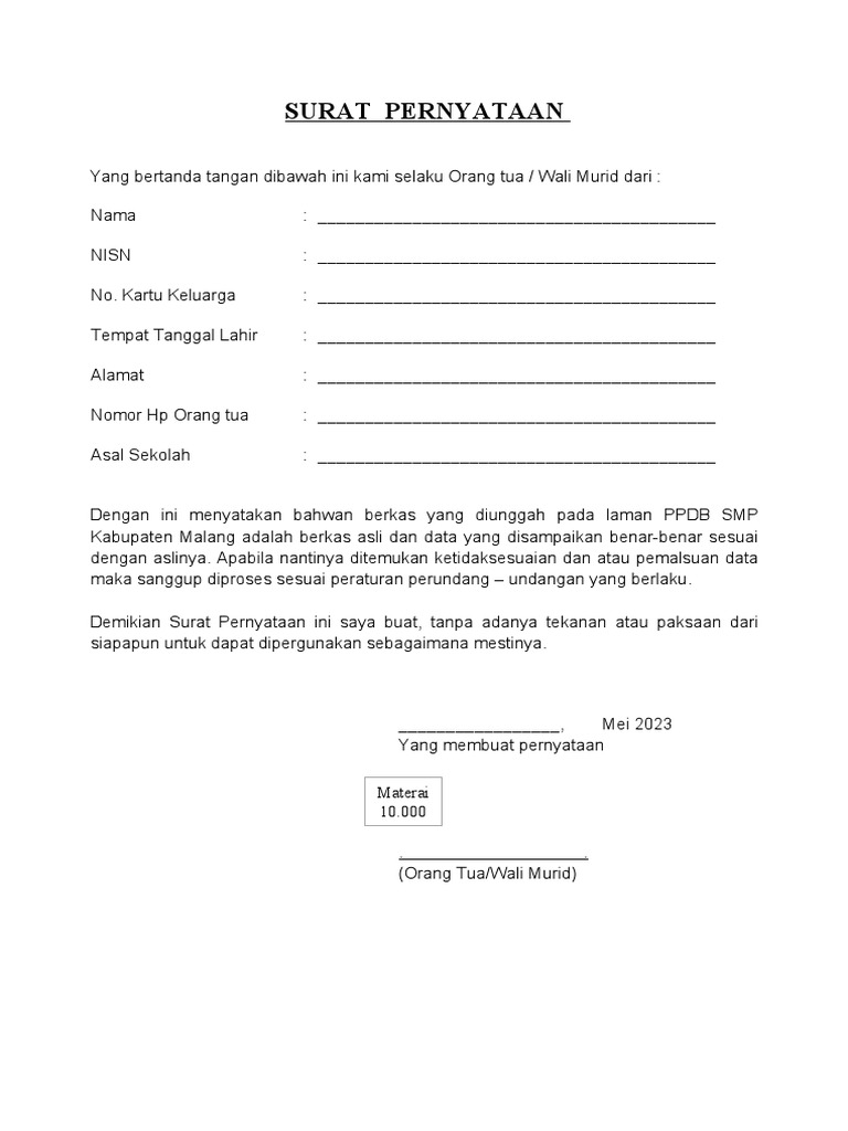 Surat Pernyataan PPDB Keaslian Dokumen | PDF