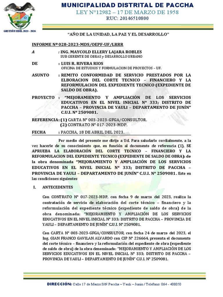 Informe #028 2023 Conformidad de Pago Corte Tecnico y Reformulacion de Expediente Jardin | PDF