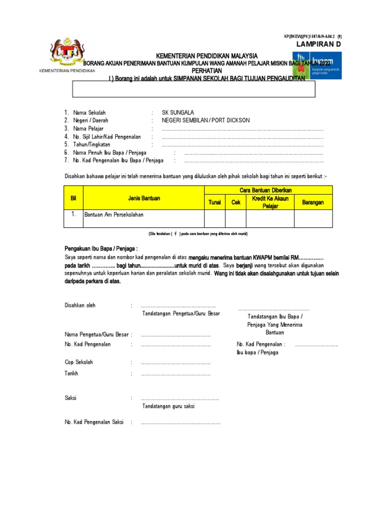 Lampiran D Borang Akuan Penerimaan Bantuan Kwapm Sks | PDF