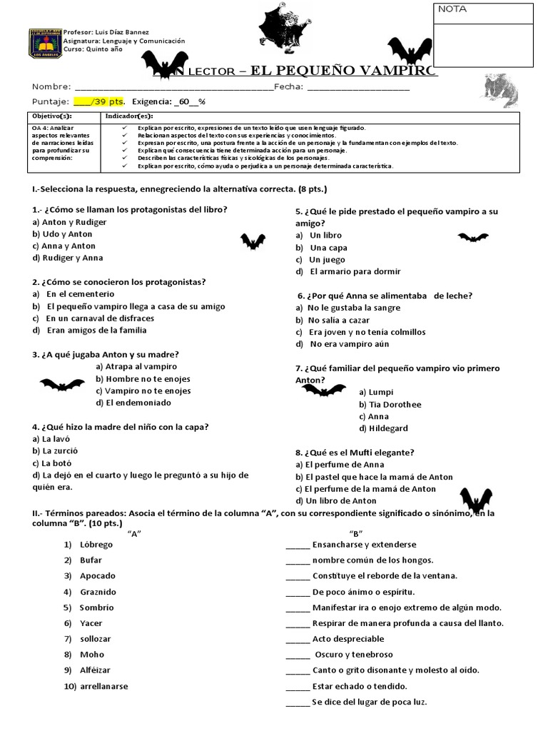 Prueba de comprensión: El pequeño vampiro | PDF
