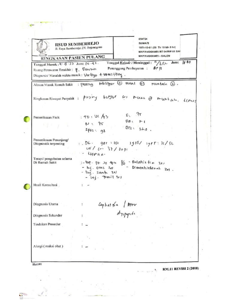 Form Ringkasan Pasien Pulang Dan Spo Discharge Planning | PDF