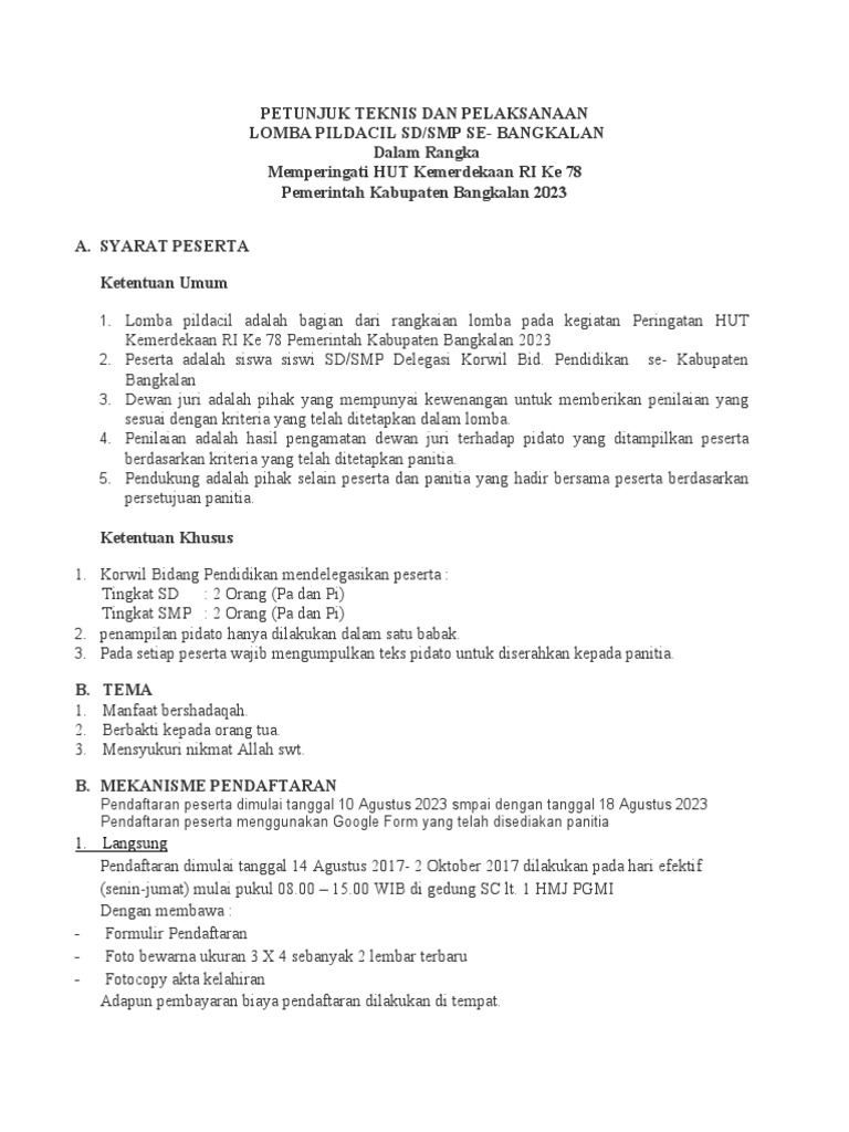 Petunjuk Teknis Dan Pelaksanaan Lomba Pildacil | PDF Petunjuk Teknis Dan Pelaksanaan Lomba Pildacil | PDF