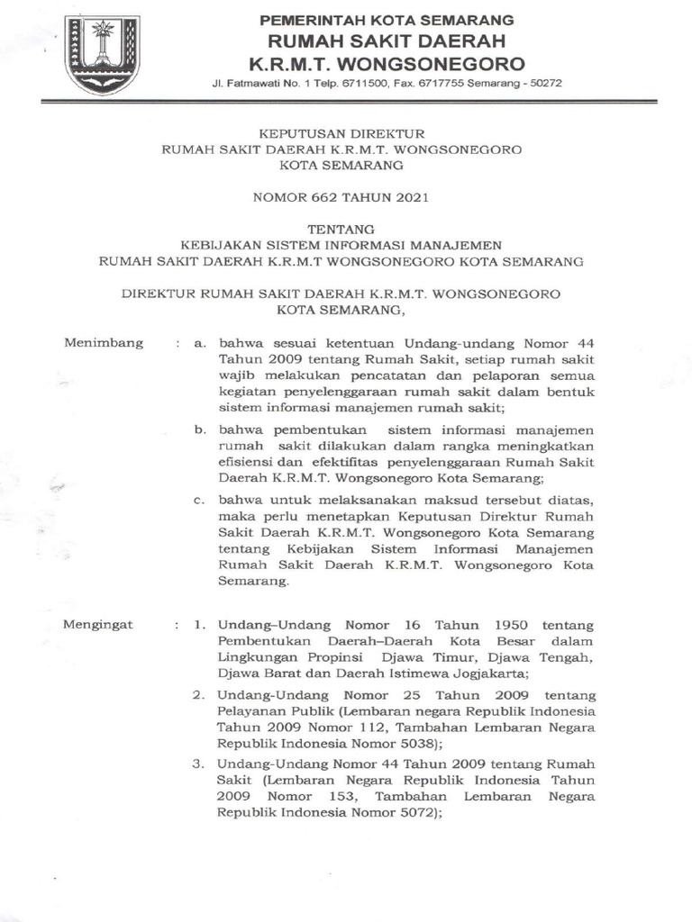Kebijakan SIM Rumah Sakit Wongsonegoro | PDF