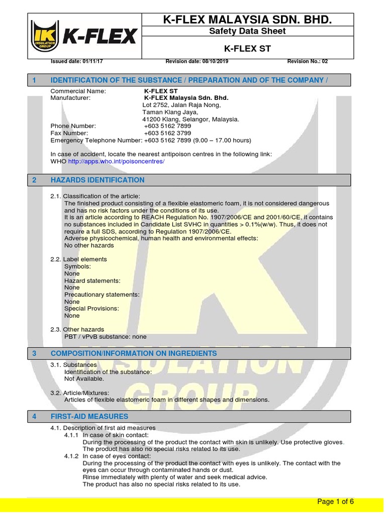 K-FLEX ST Safety Data Sheet Overview | PDF | Chlorine | Waste
