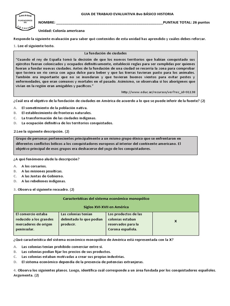 GUIA DE TRABAJO EVALUATIVA 8vo BÁSICO HISTORIA | PDF | Sociedad | Américas